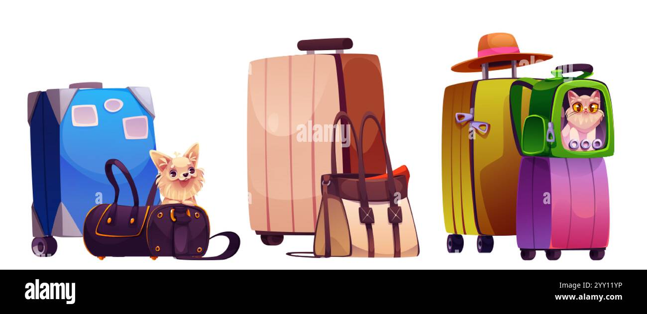 Pet travel baggage set isolated on white background. Vector cartoon ...