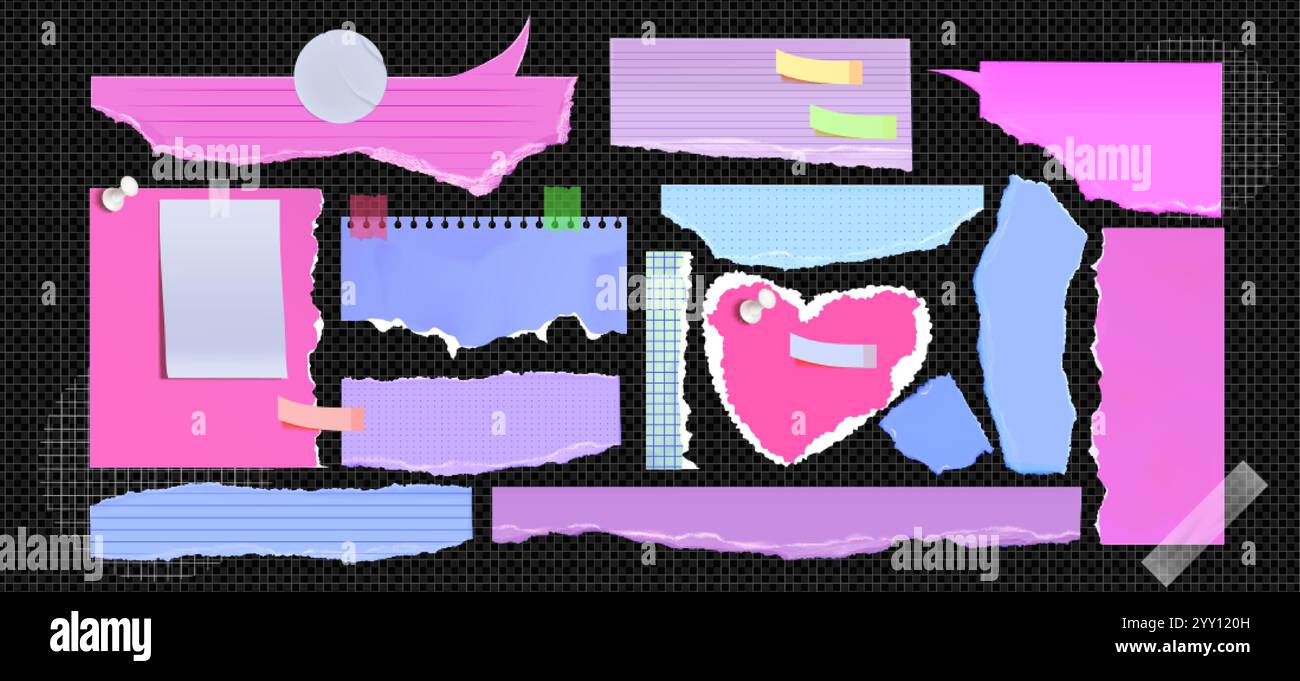 Ripped paper fragments in pink, purple and blue colors. Lined, dotted ...