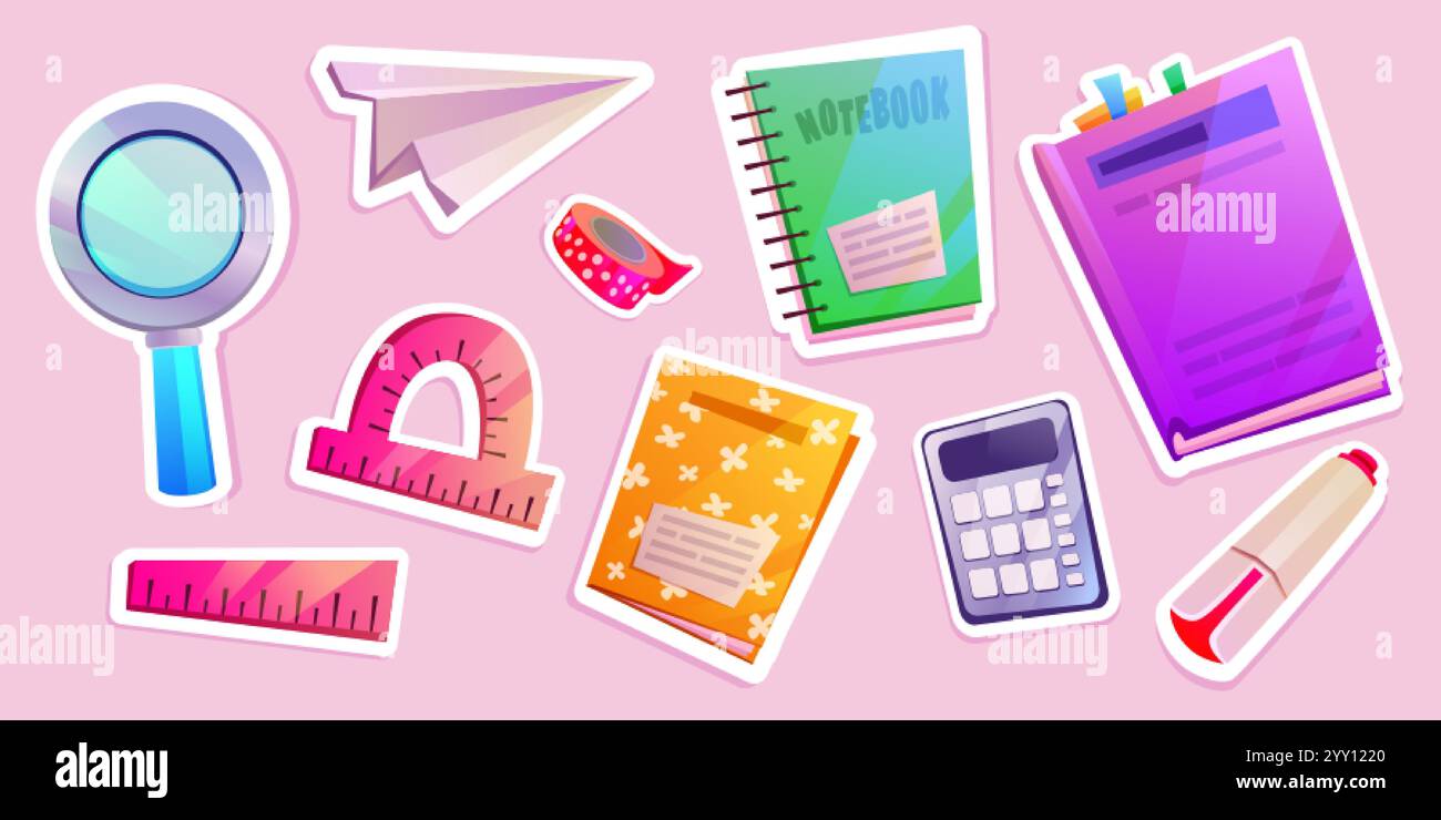 Book and stationery icon. Back to school sticker. Cute education ...