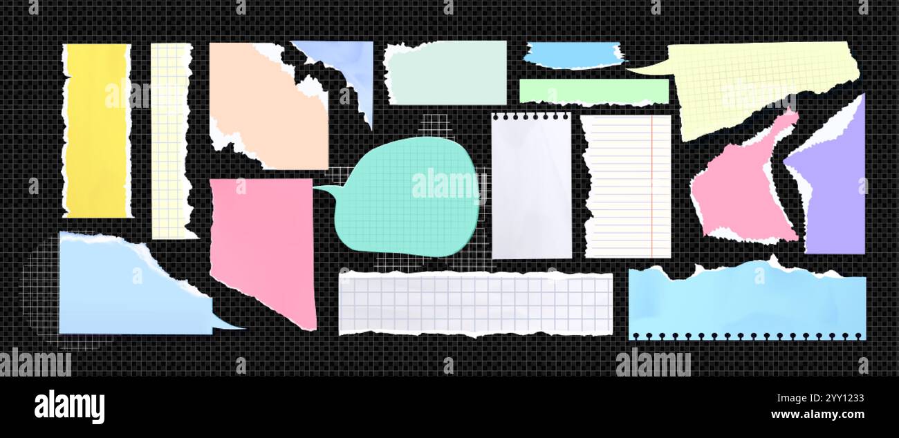 Torn paper pieces set isolated on black background. Vector realistic ...