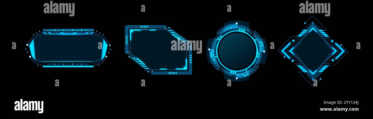 Futuristic glowing frames in neon blue set on dark background ...
