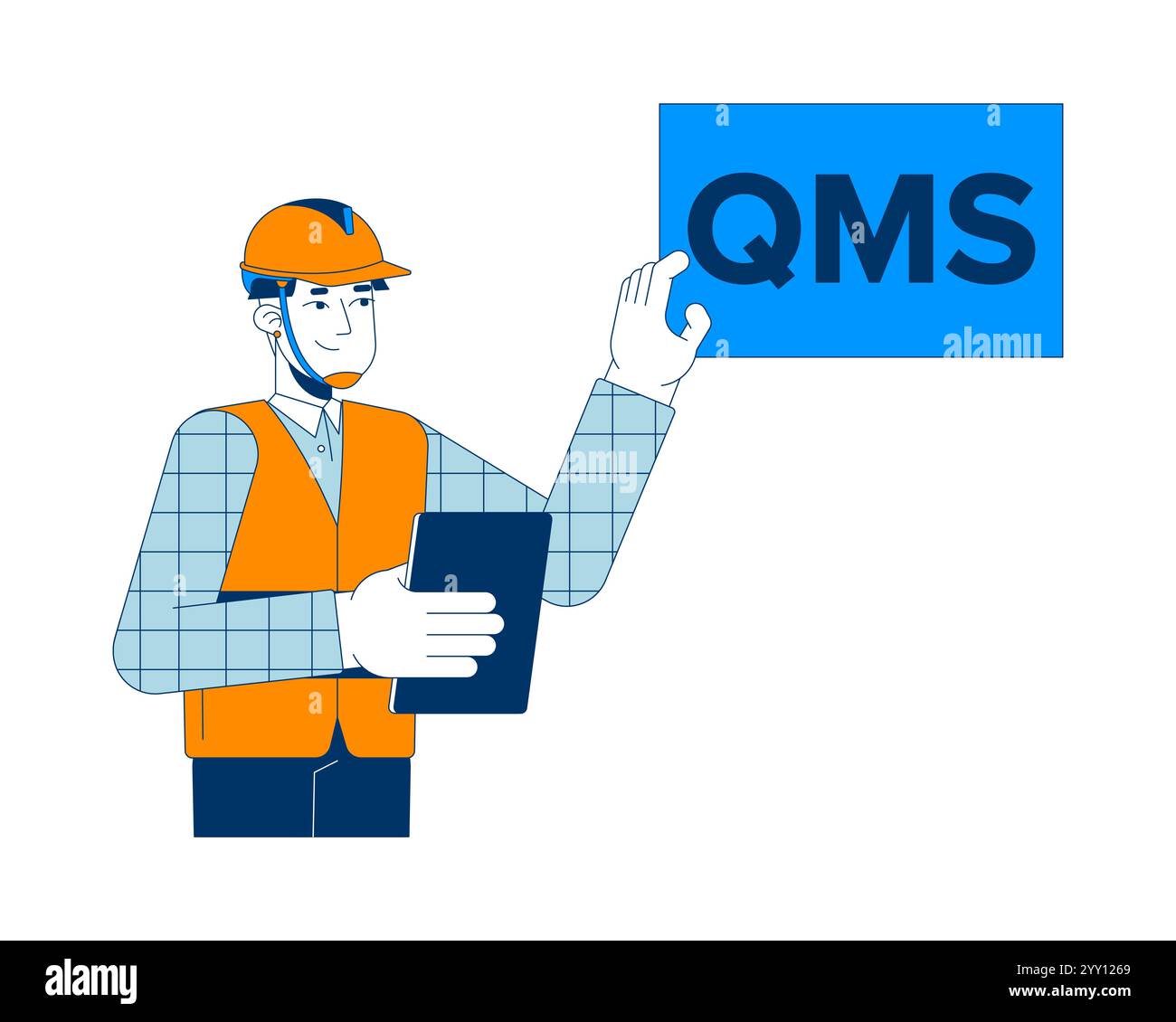 Hardhat worker explaining quality management system 2D cartoon ...