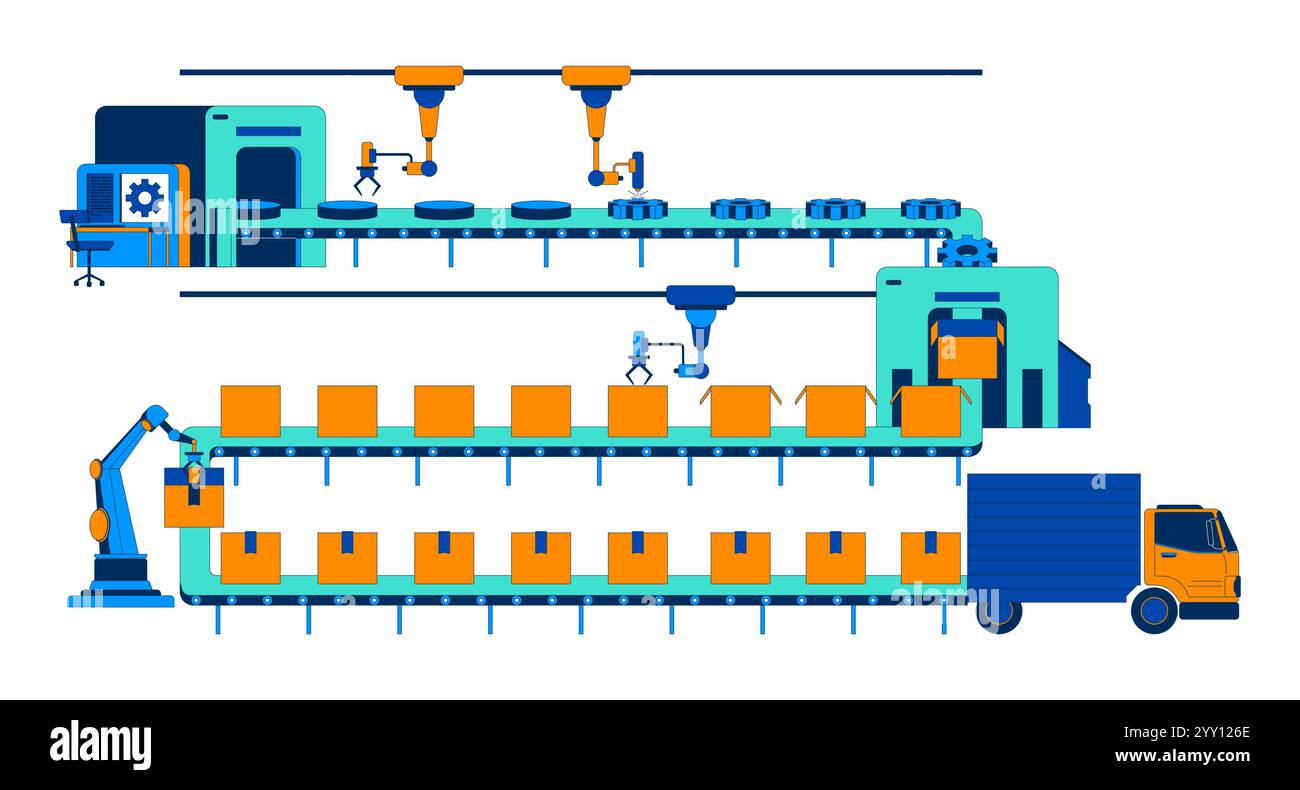 Gears production warehouse conveyor belt 2D illustration concept Stock ...
