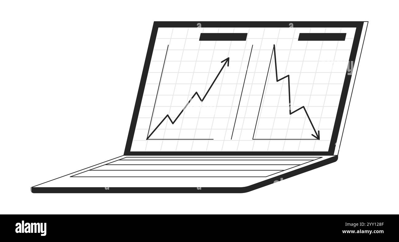Laptop display line graphs with upward, downward trends black and white 2D line object Stock ...