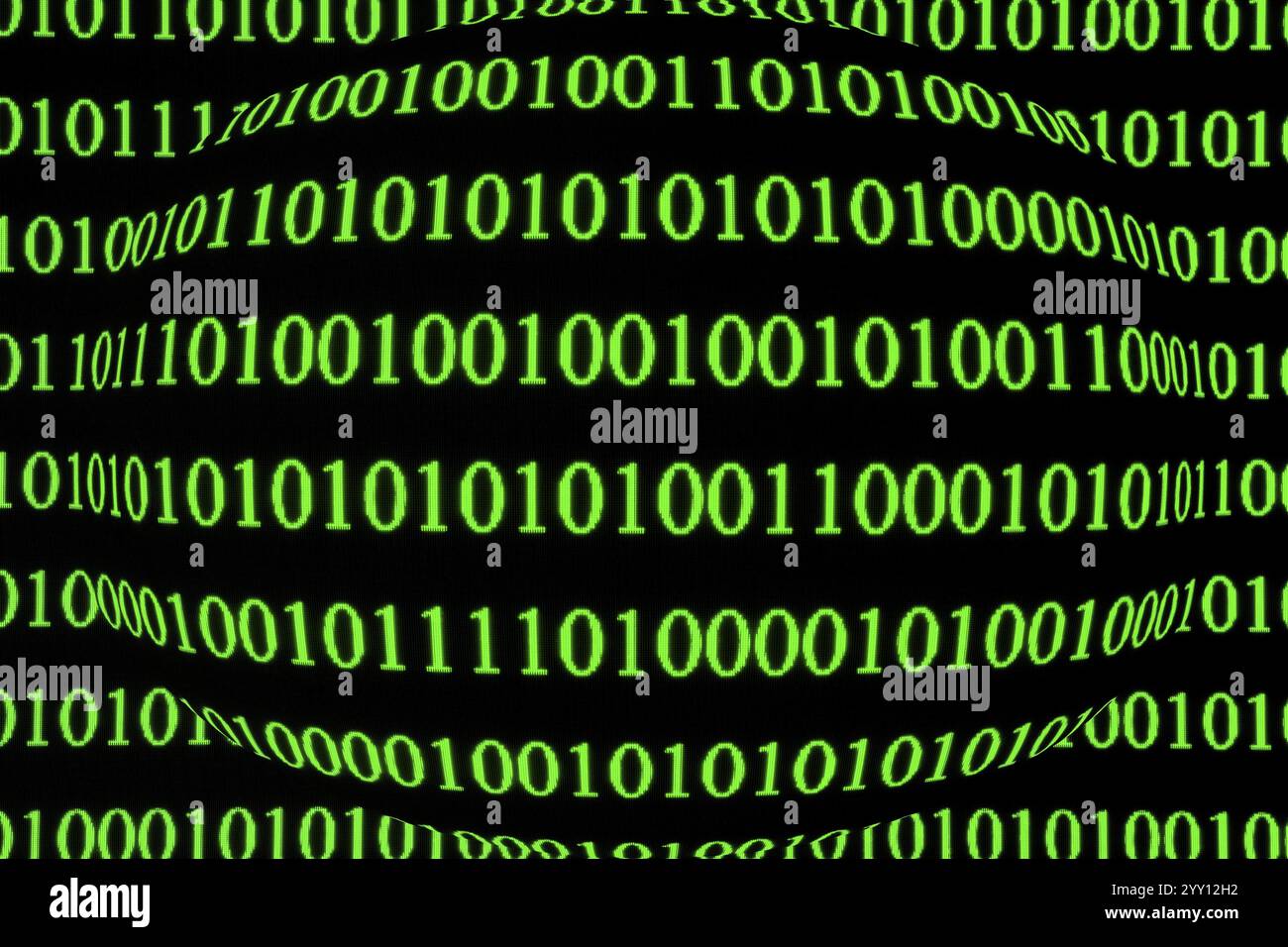 Green binary code on a black background, spherically distorted Stock ...