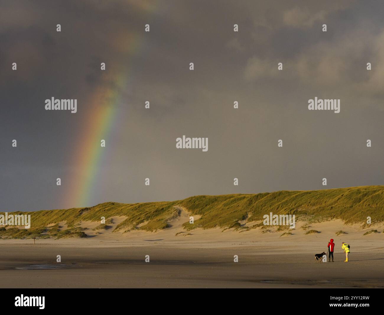 Rainbow, over the sand dunes, and two tourists watching the rainbow, on ...
