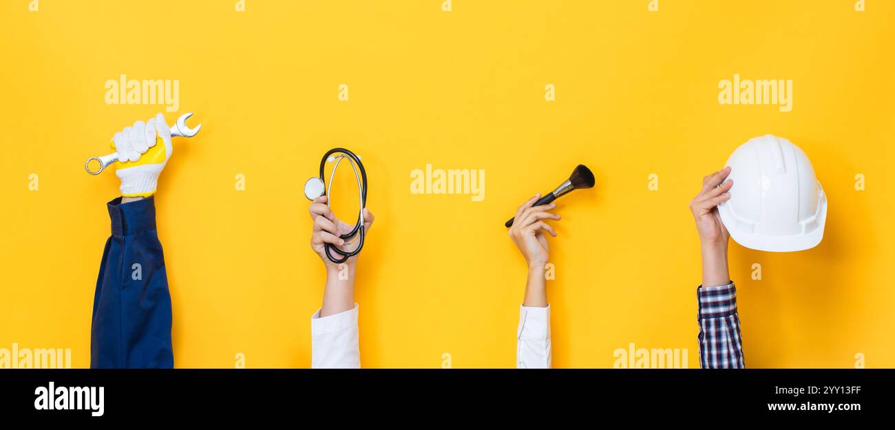 People hands in various diverse occupations holding tools and equipment ...