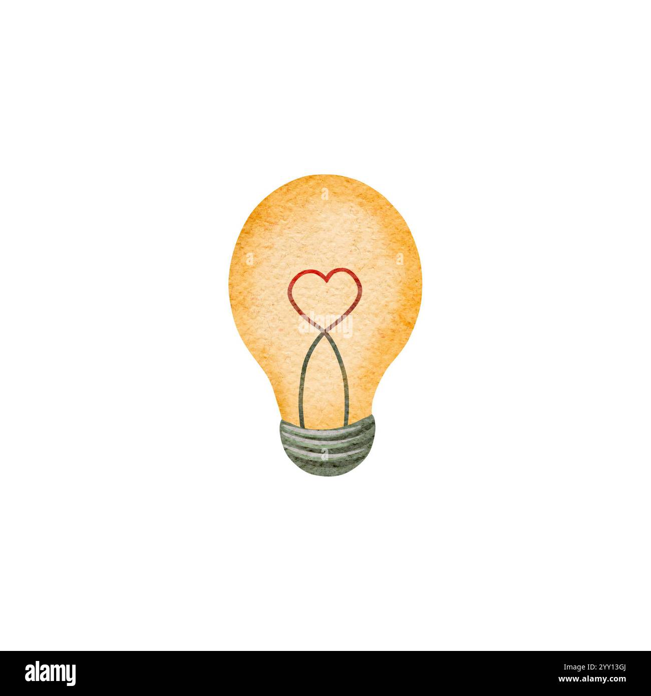 Watercolor yellow light bulb with a heart inside. Hand drawn ...