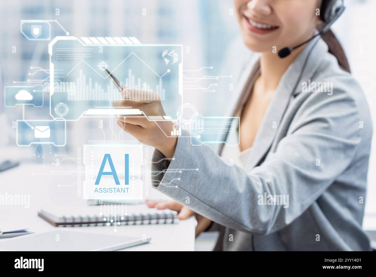 Business woman pointing on futuristic AI assistant virtual screen while ...