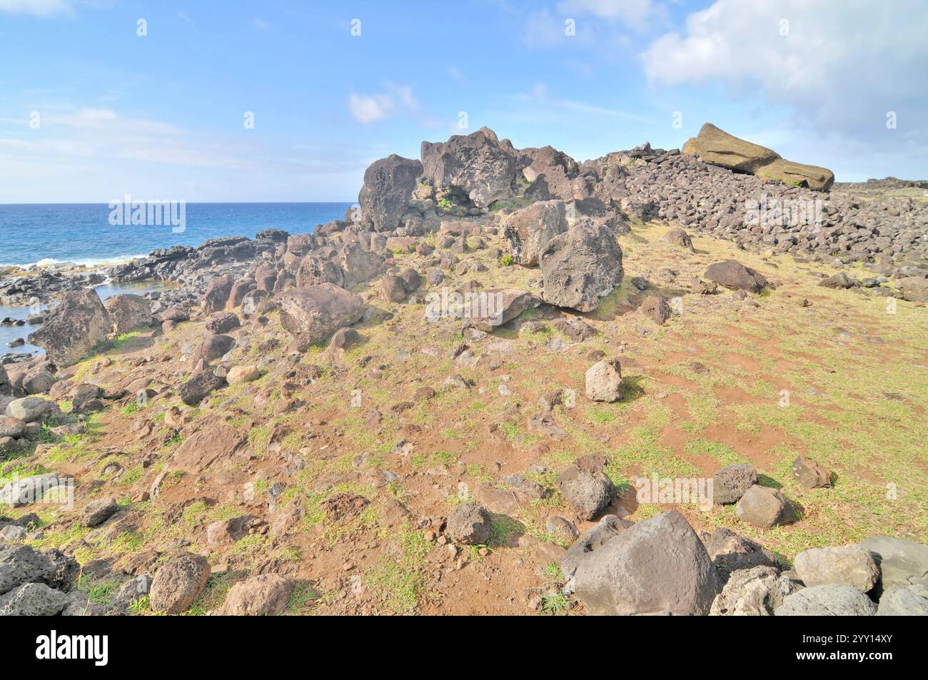 The fallen Moai giants of Akahanga on Eastern Island, Chile Stock Photo ...