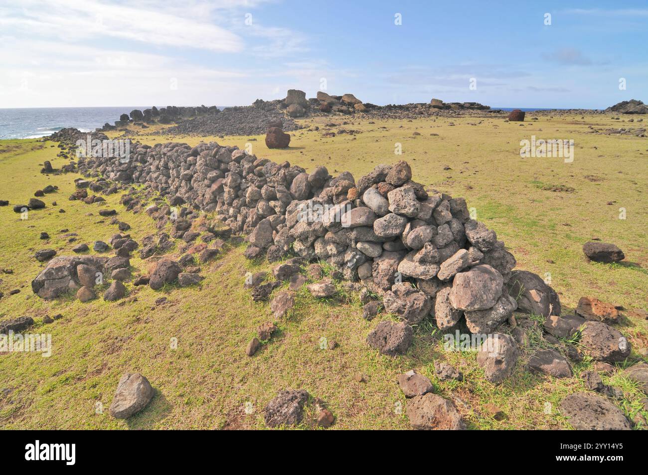 The fallen Moai giants of Akahanga on Eastern Island, Chile Stock Photo ...