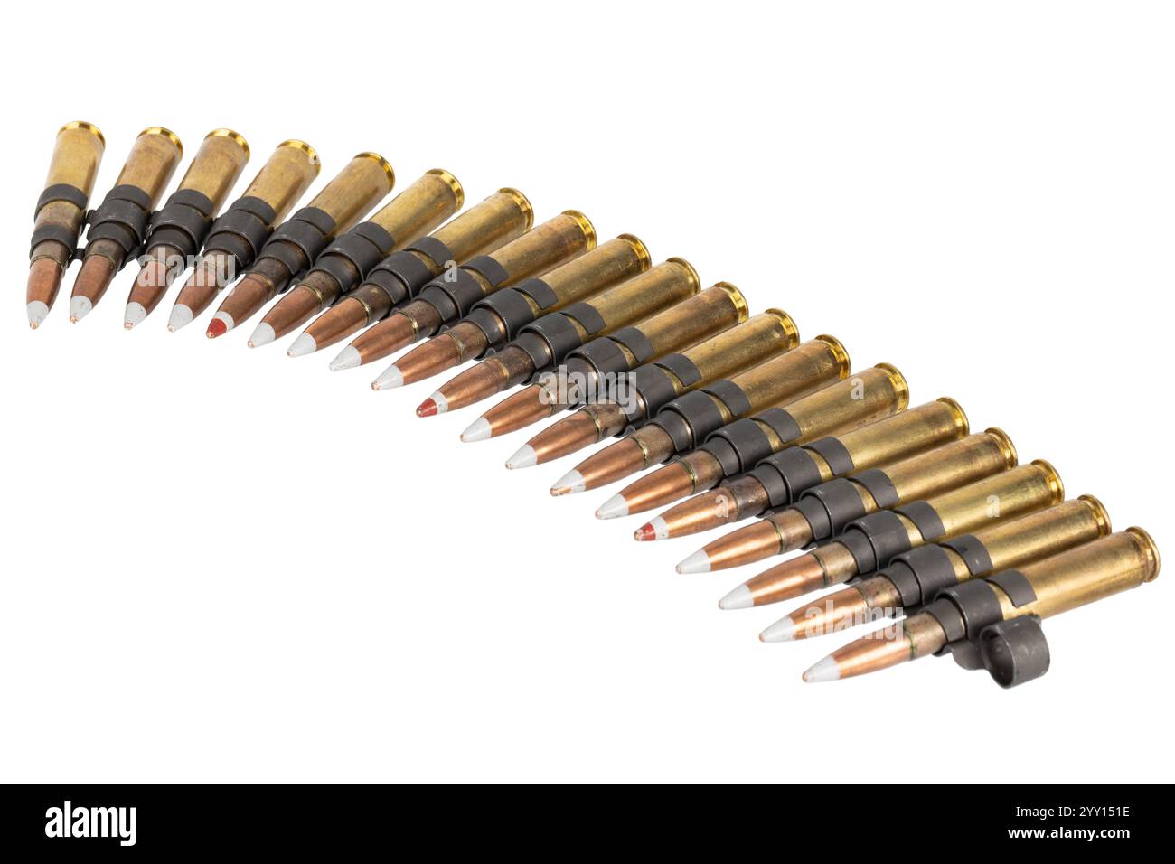 .50 BMG caliber machine gun ammunition belt with cartridges isolated on ...