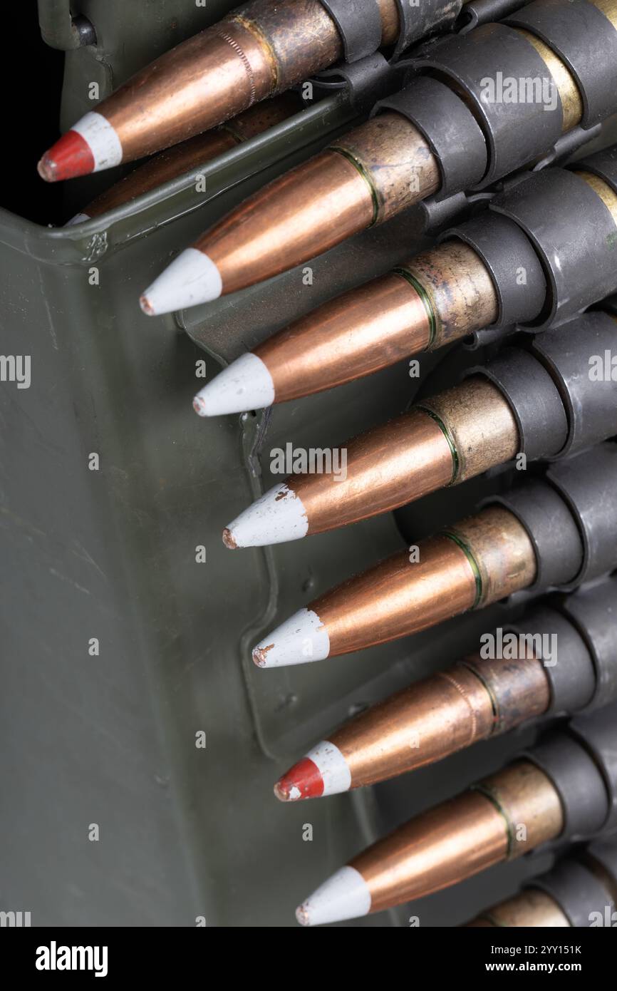 .50 BMG caliber machine gun ammunition belt with cartridges in ...