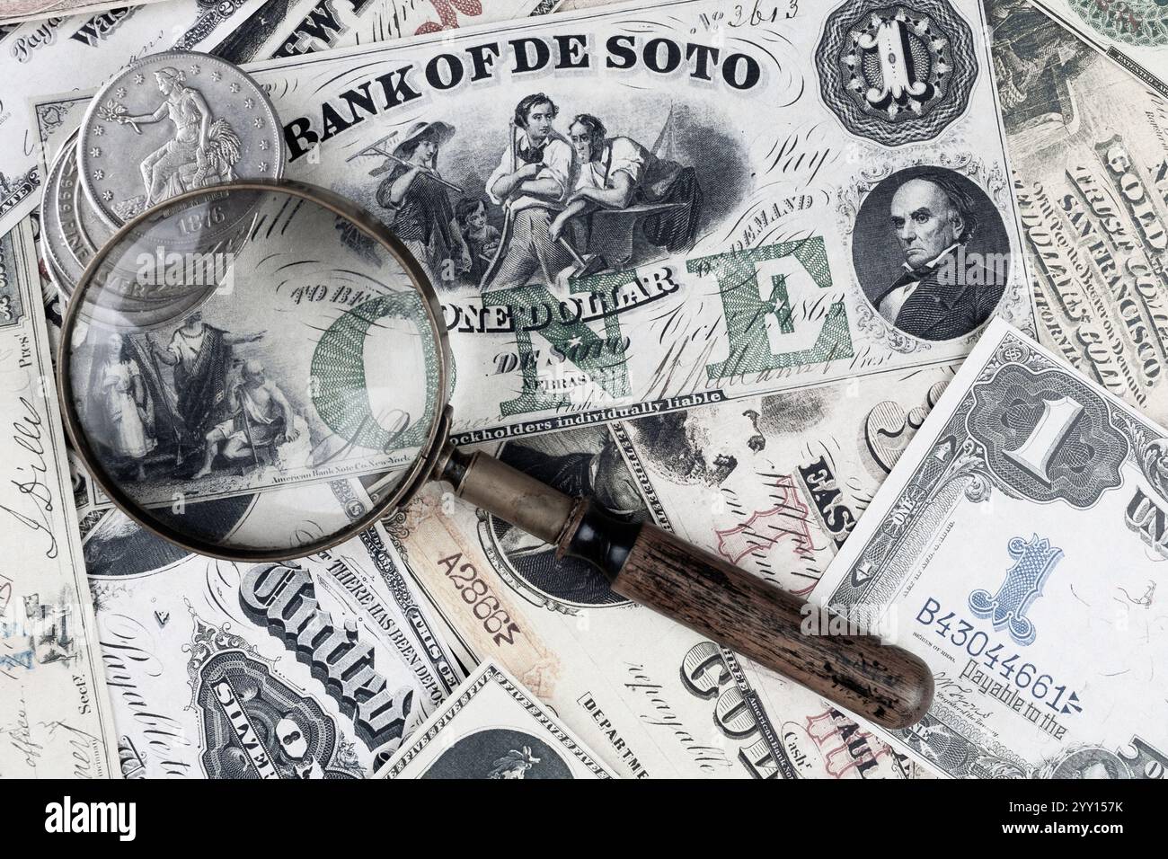 Retro vintage US greenback banknotes and silver certificates with ...