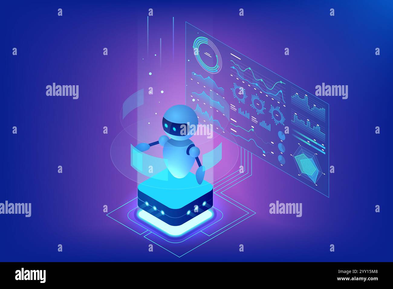 Isometric illustration of an AI chatbot robot interacting with futuristic data dashboards and ...