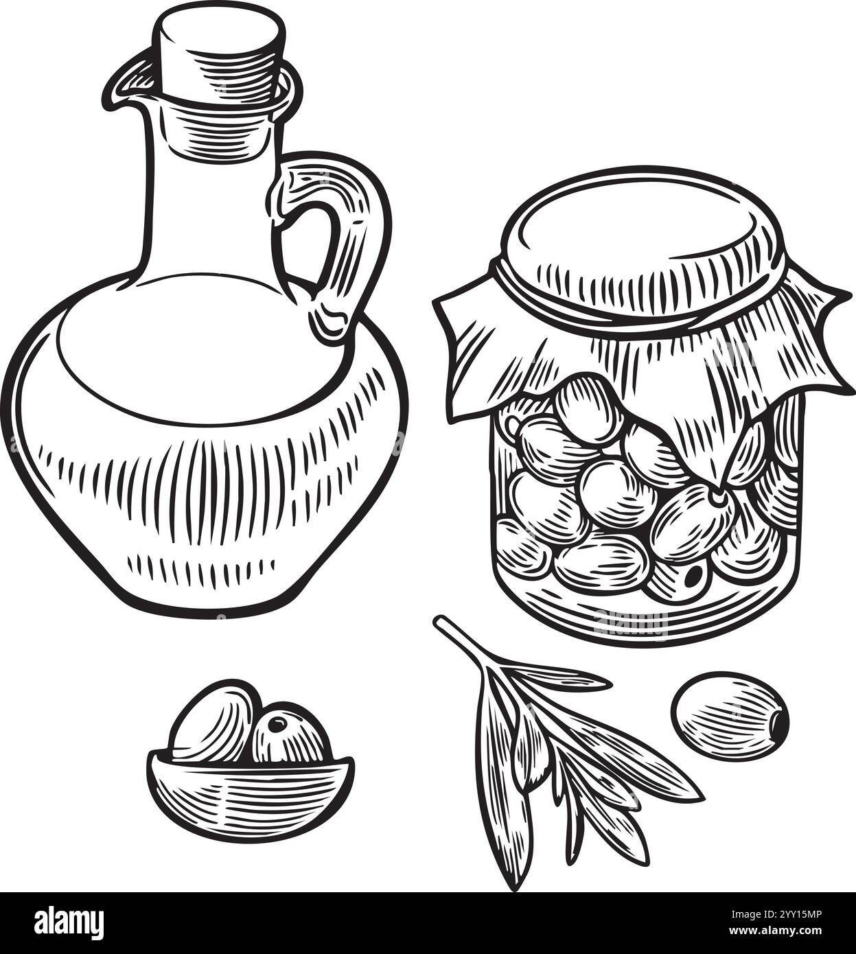 Canned and fresh olives and oil line drawing vector illustration Stock ...