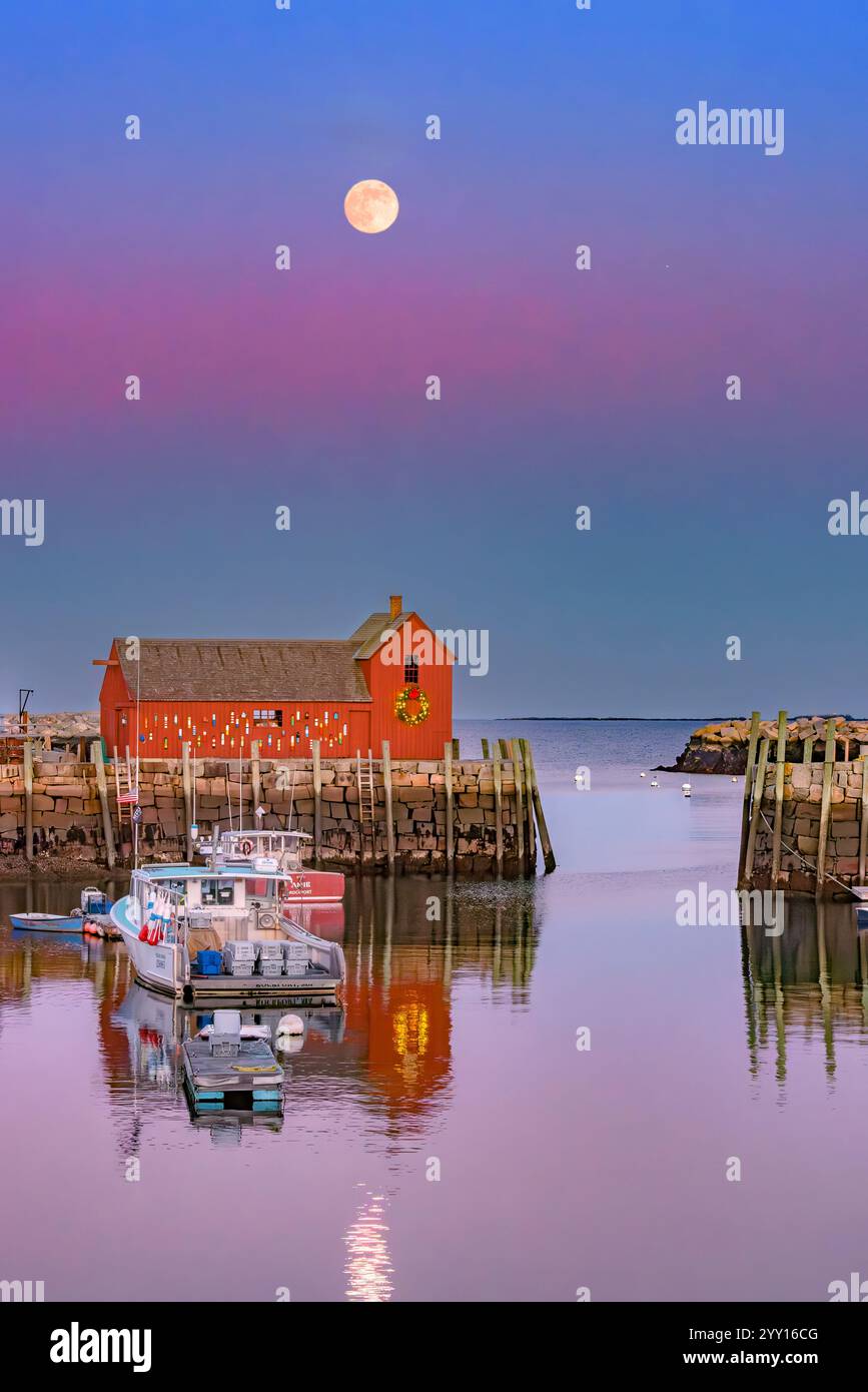 Cold Moon Rising Over Motif #1 and Reflecting in the Water in Rockport ...
