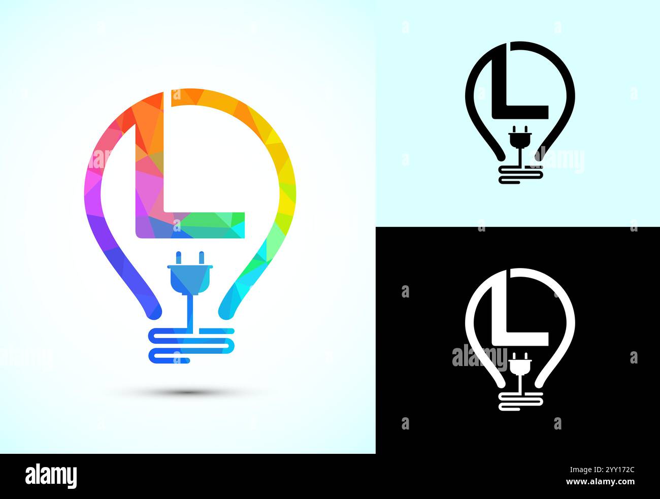 Initial alphabet with an electric bulb and plug. Electricity logo ...