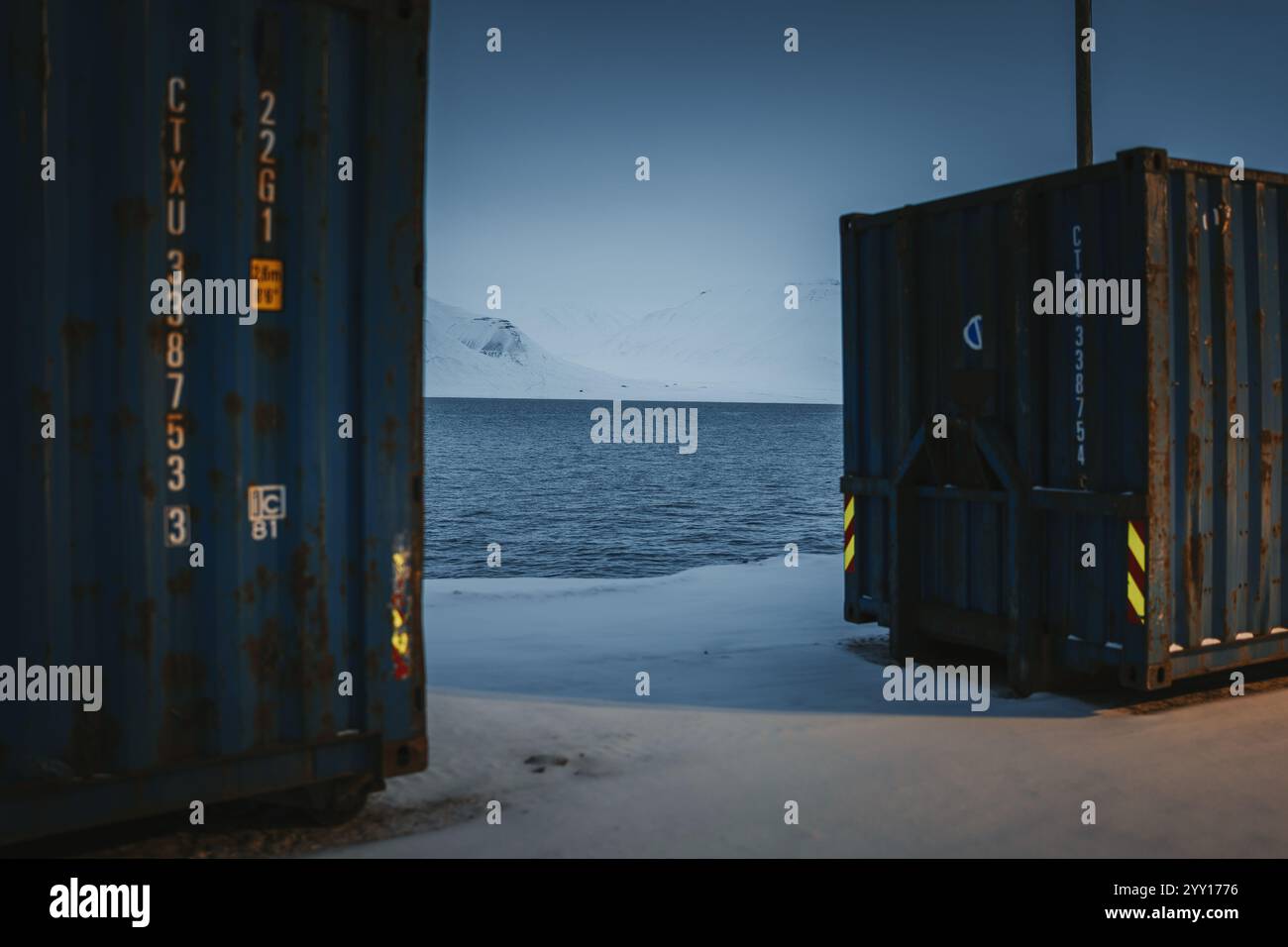 Shipping containers by the arctic ocean in Longyearbyen, Svalbard Stock ...