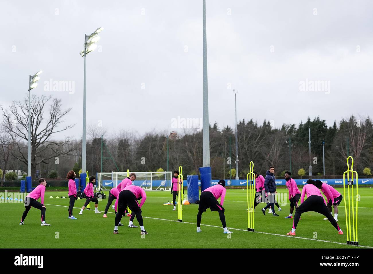 A general view of Chelsea players during a training session at Cobham ...