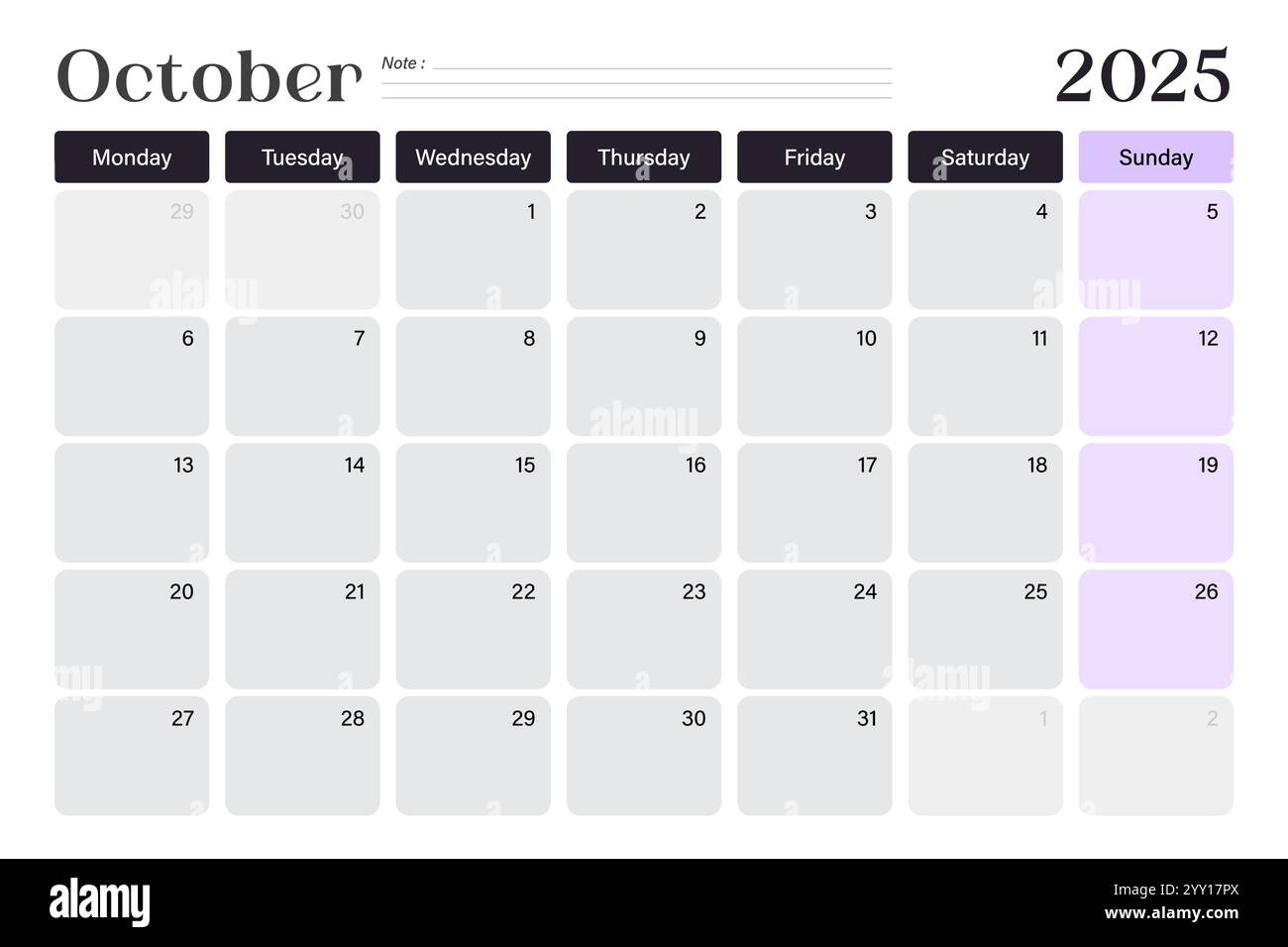 October 2025 calendar desk planner, week starts on Monday, minimal ...