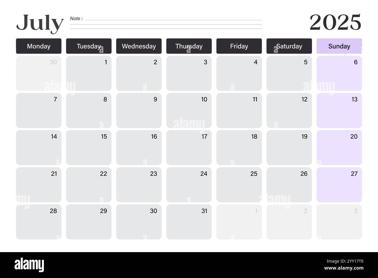 July 2025 calendar desk planner, week starts on Monday, minimal design ...