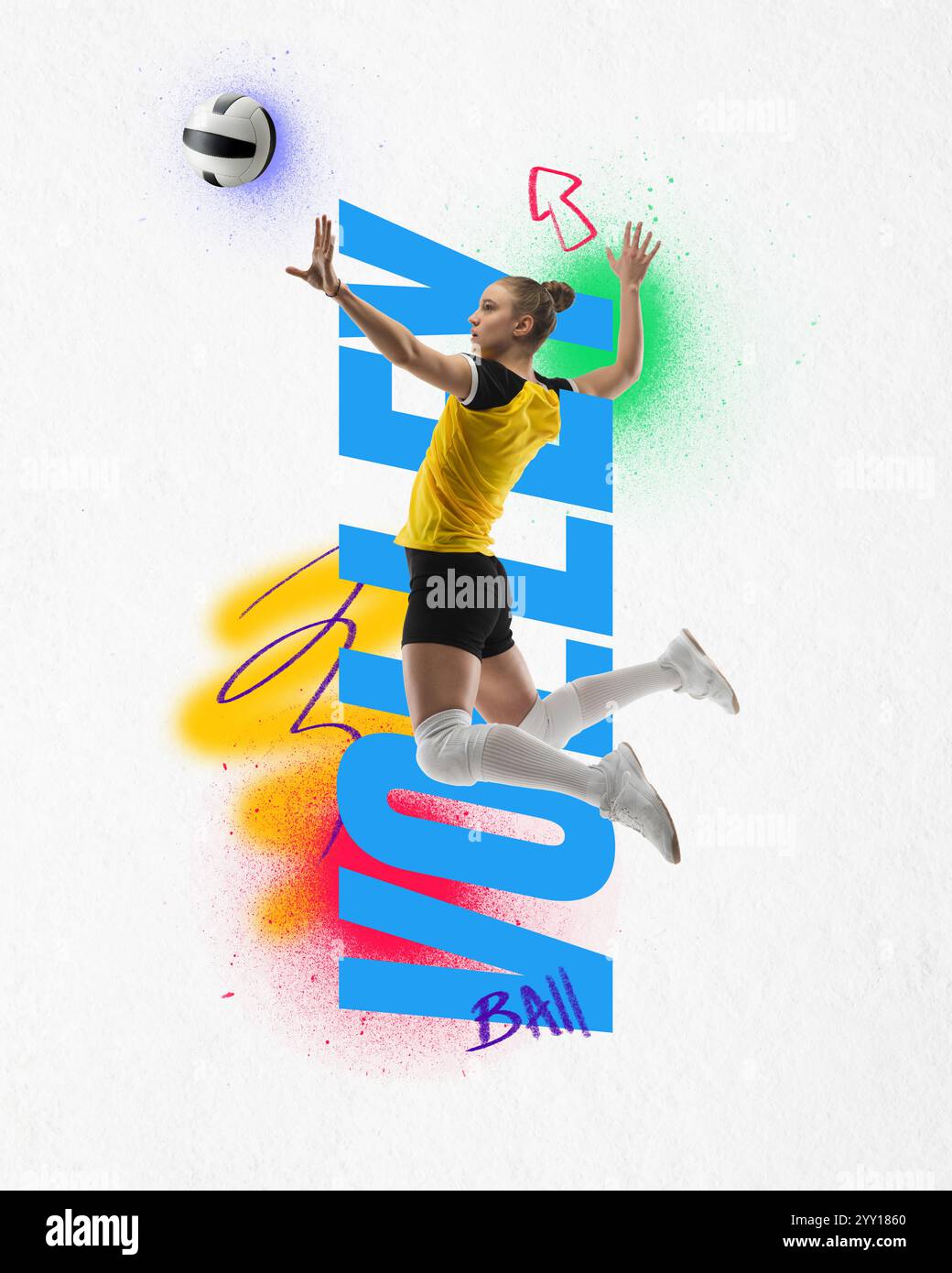 Dynamic image of young woman, volleyball player in motion, serving ball ...