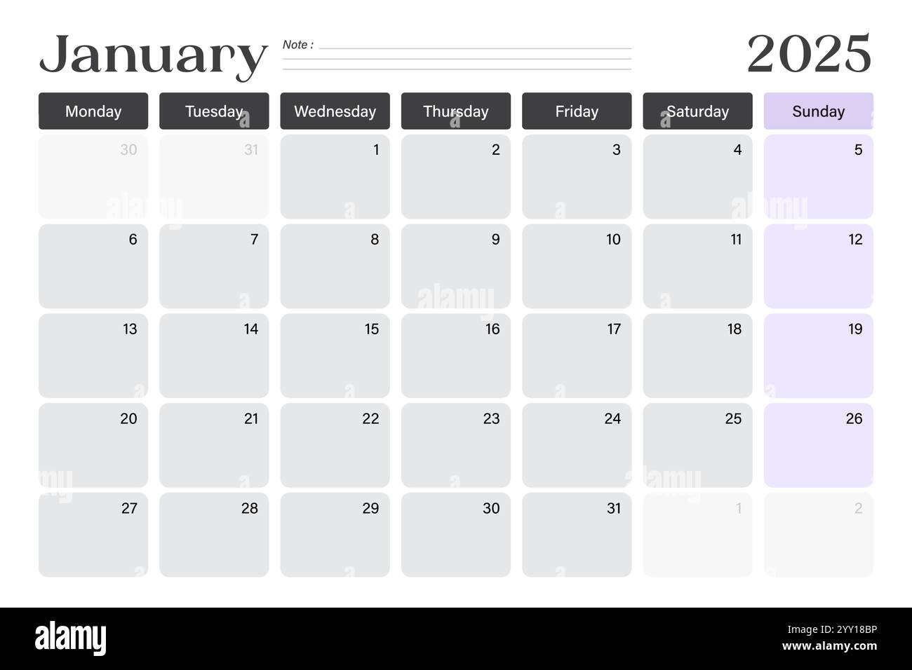 January 2025 calendar desk planner, week starts on Monday, minimal ...