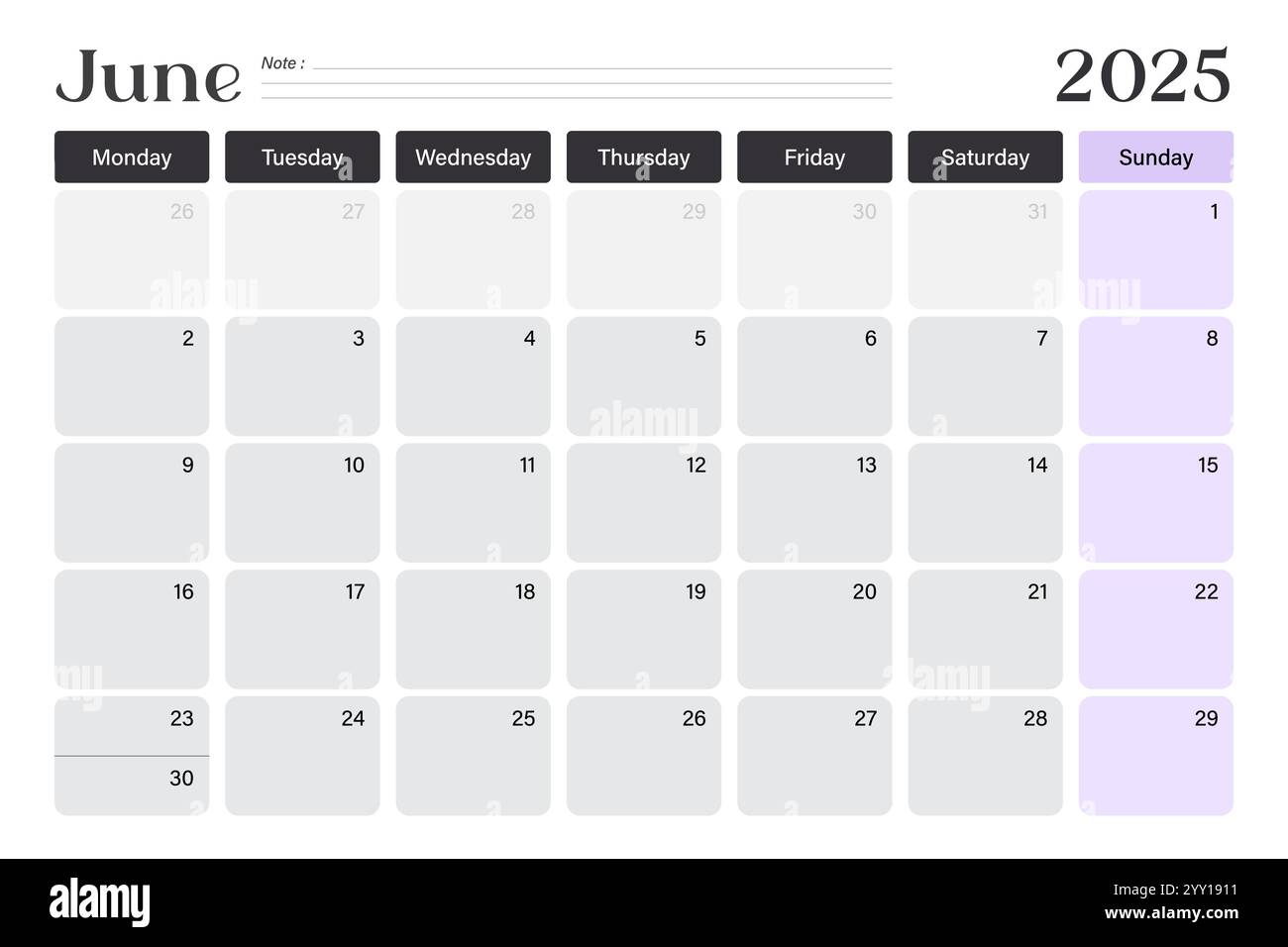 June 2025 calendar desk planner, week starts on Monday, minimal design ...
