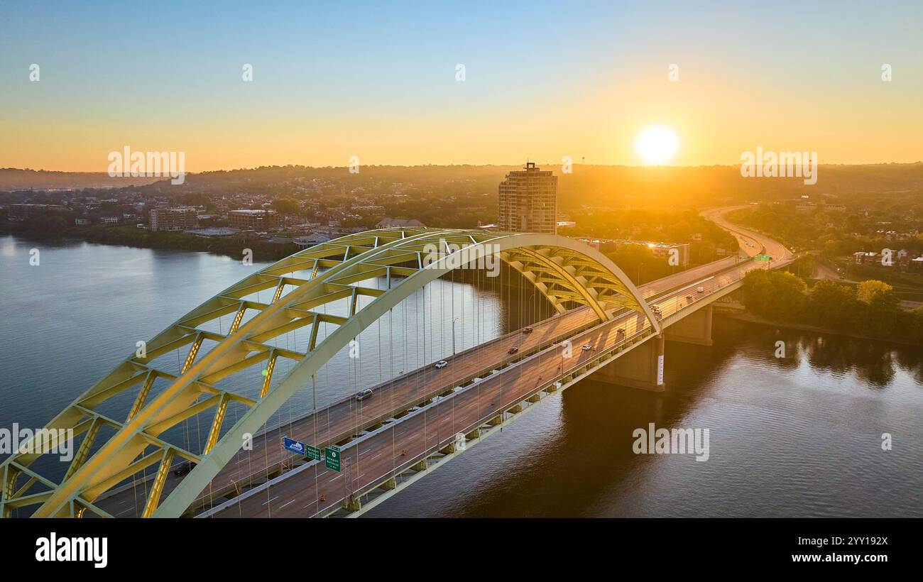 Aerial of Daniel Carter Beard Bridge at Sunrise Over Ohio River Stock ...
