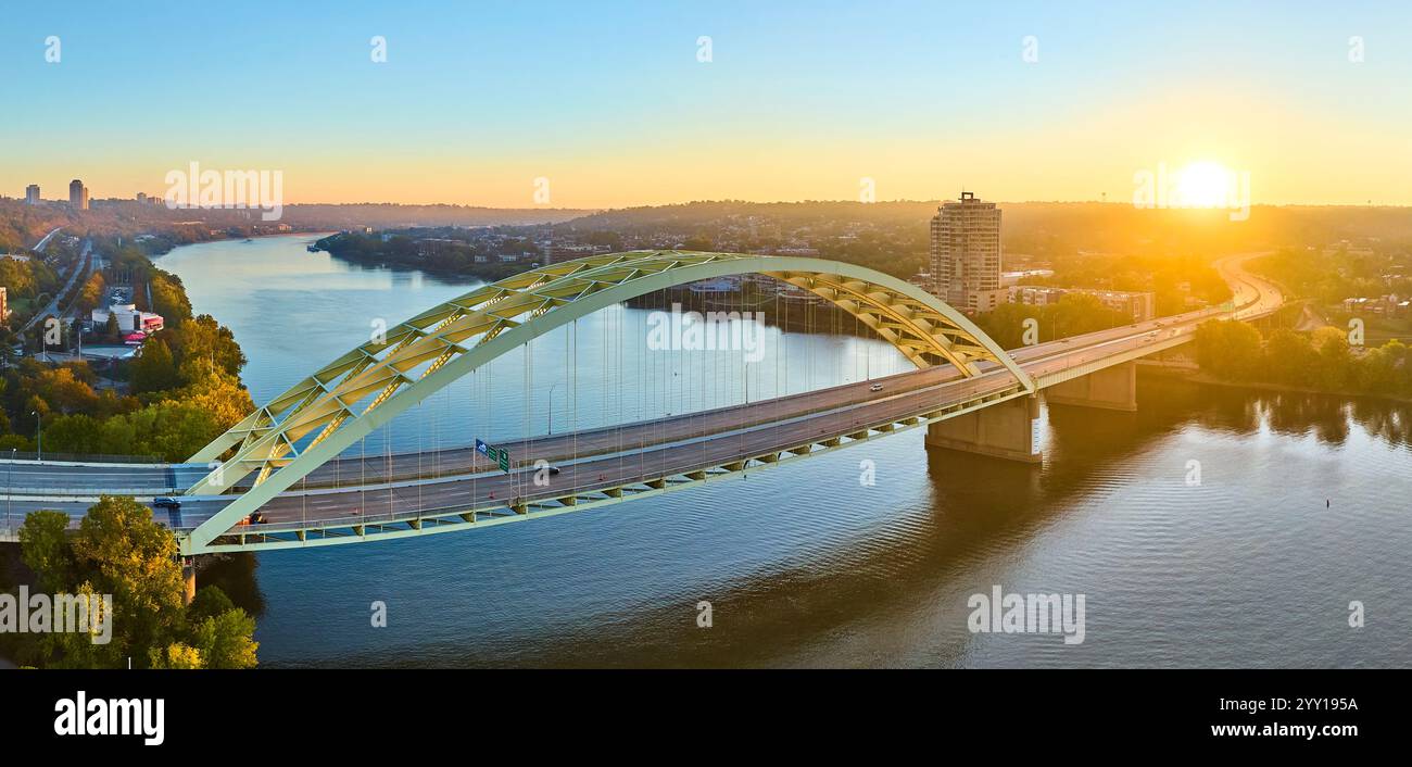 Aerial Panorama Sunrise Over Ohio River and Daniel Carter Beard Bridge ...
