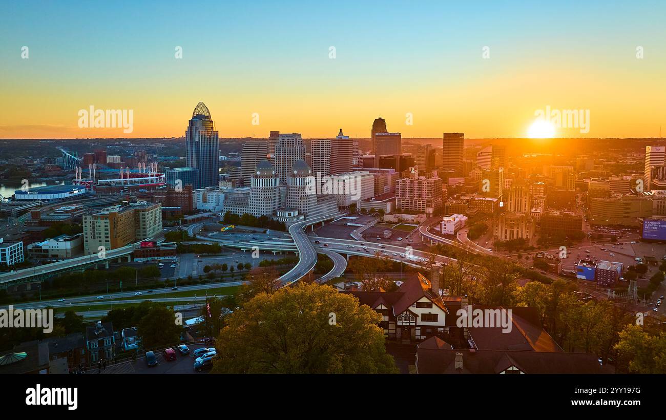 Aerial of Cincinnati Skyline at Sunset with Golden Glow Stock Photo - Alamy