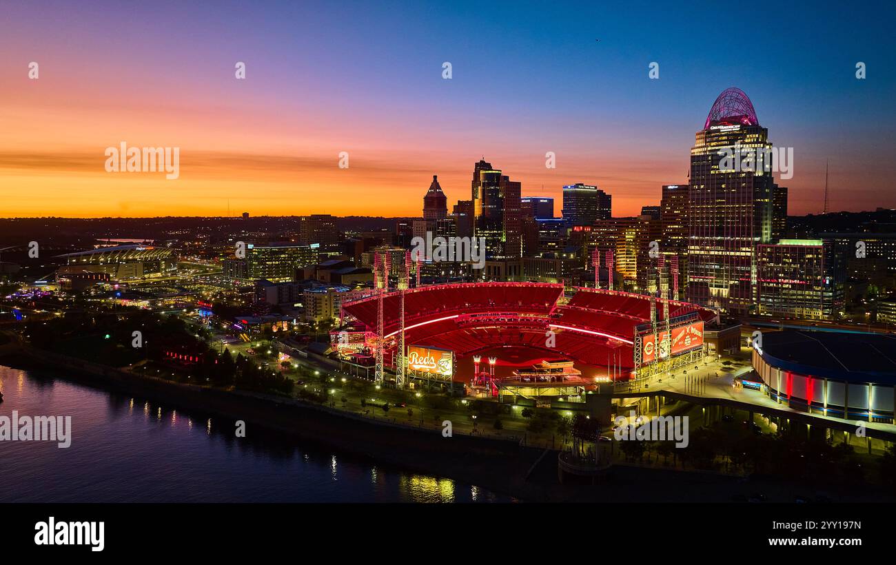 Aerial of Cincinnati Skyline at Sunset Featuring Great American Ball ...