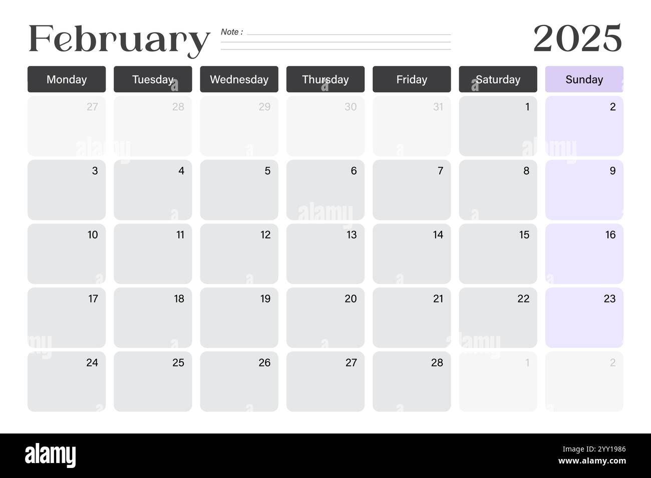 February 2025 calendar desk planner, week starts on Monday, minimal ...