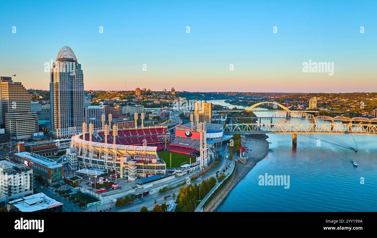 Aerial of Cincinnati Skyline with Ballpark and Roebling Bridge at ...