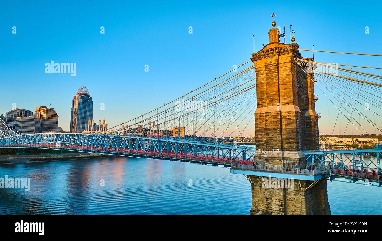 Aerial of John A Roebling Bridge and Cincinnati Skyline at Sunrise ...