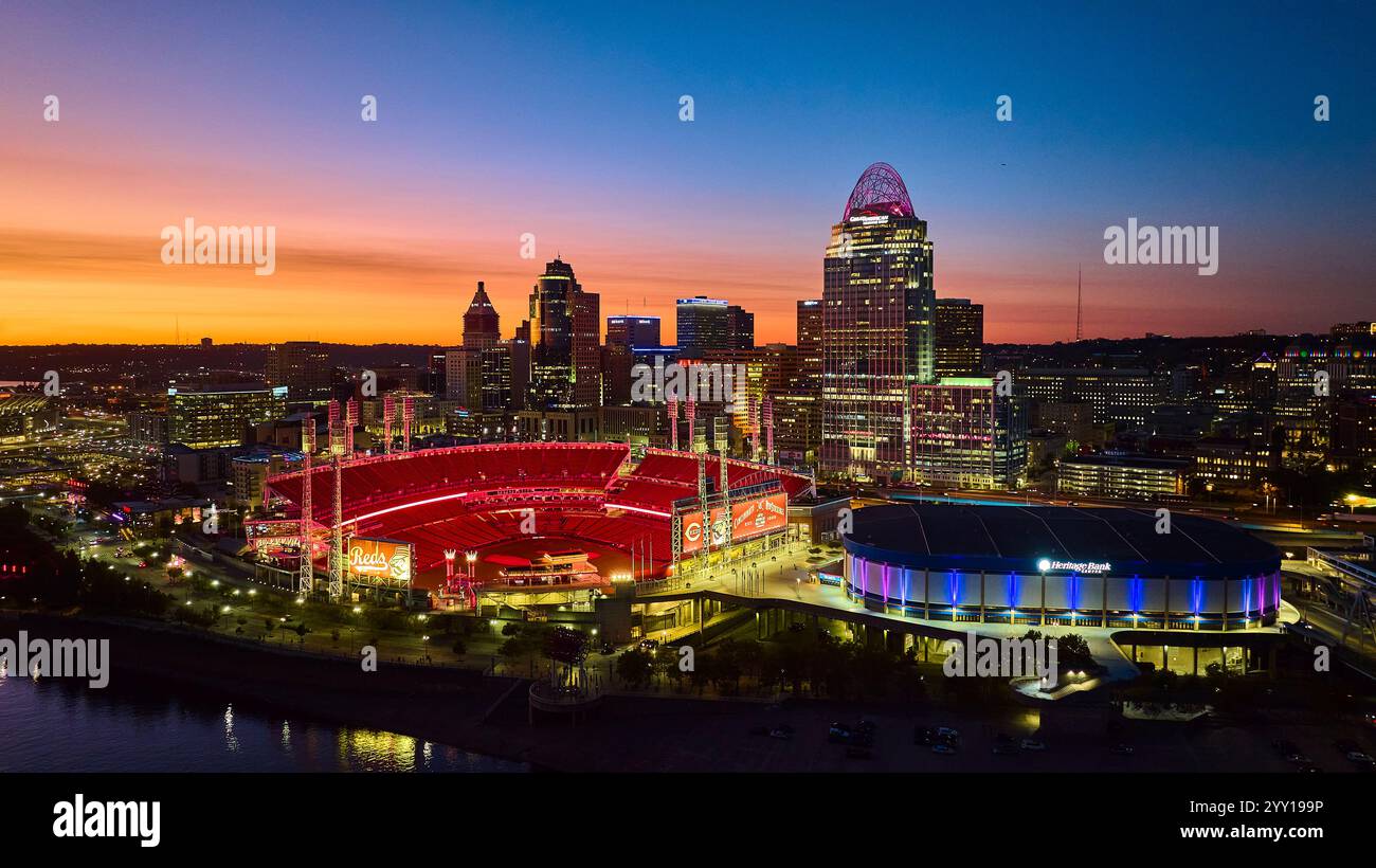 Aerial of Cincinnati Skyline and Great American Ball Park at Dusk Stock ...