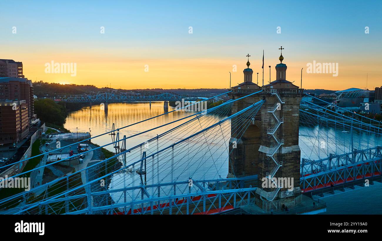 Aerial of John A Roebling Bridge at Sunset Over Ohio River Stock Photo ...