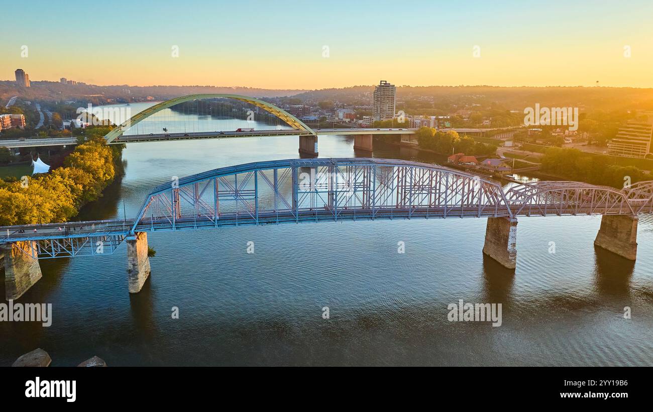 Aerial of Ohio River Bridges and Cincinnati Skyline at Sunrise Stock ...