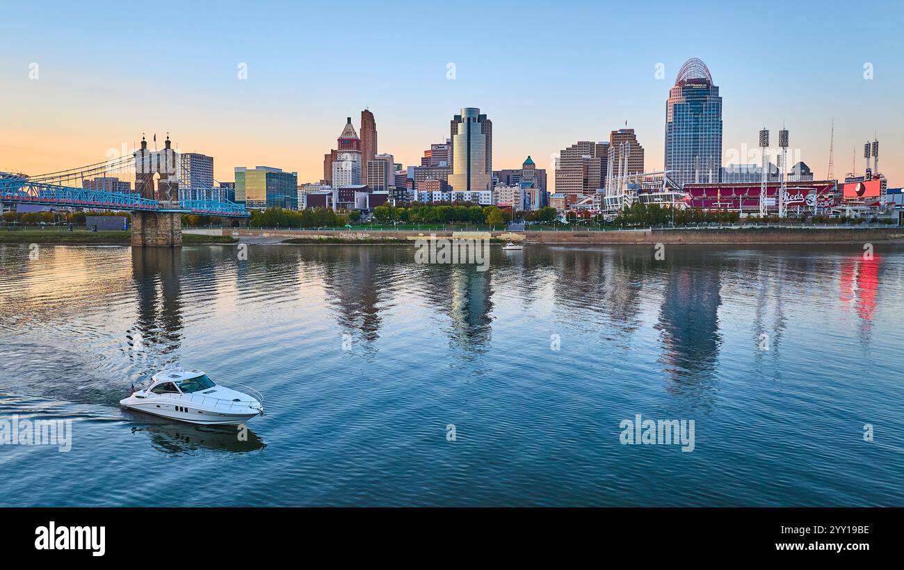 Aerial of Cincinnati Skyline and Roebling Bridge at Sunset Stock Photo ...