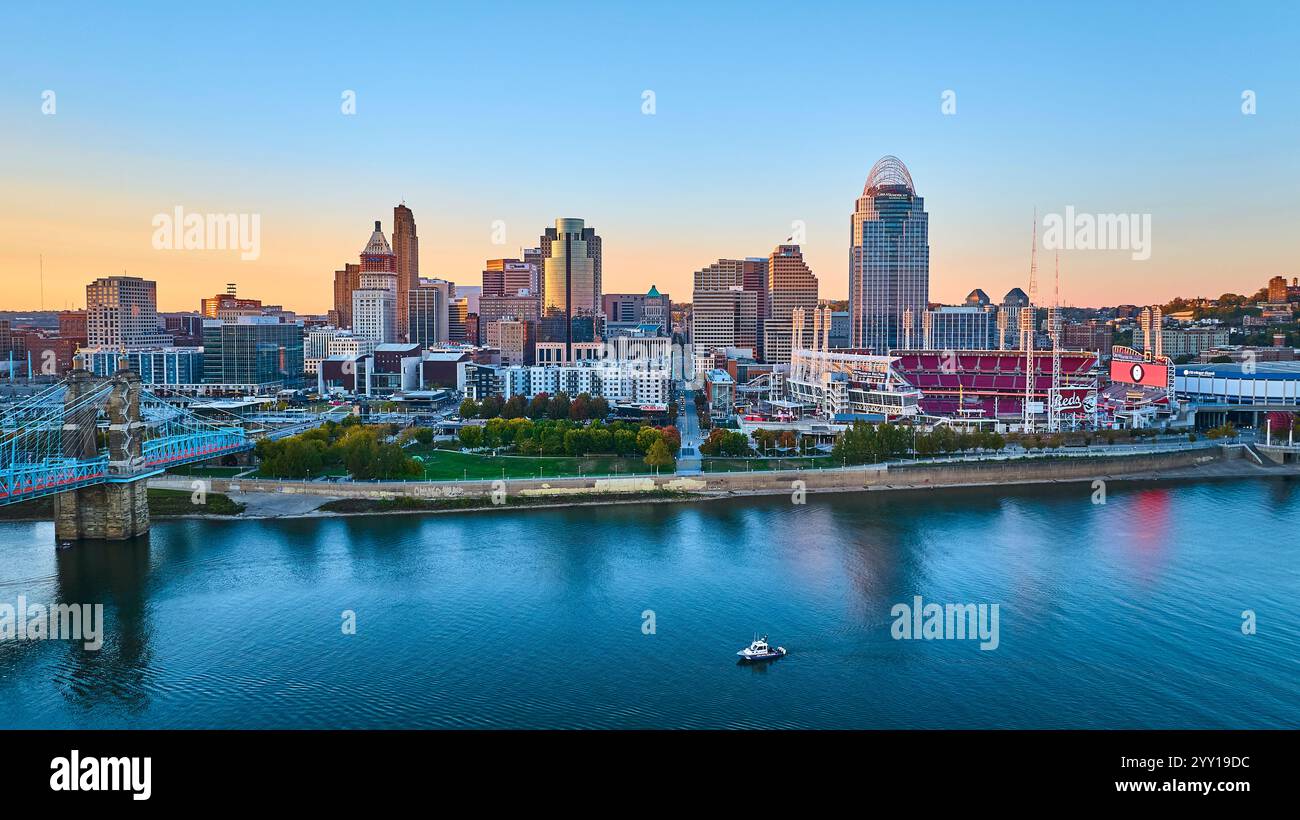 Aerial of Cincinnati Skyline at Golden Hour with Roebling Bridge Stock ...