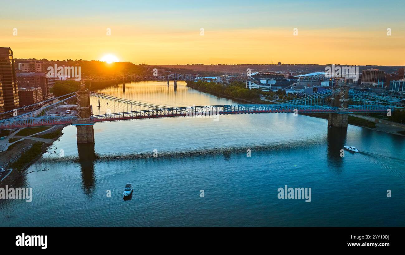 Aerial of Roebling Bridge at Sunrise Over Ohio River Stock Photo - Alamy