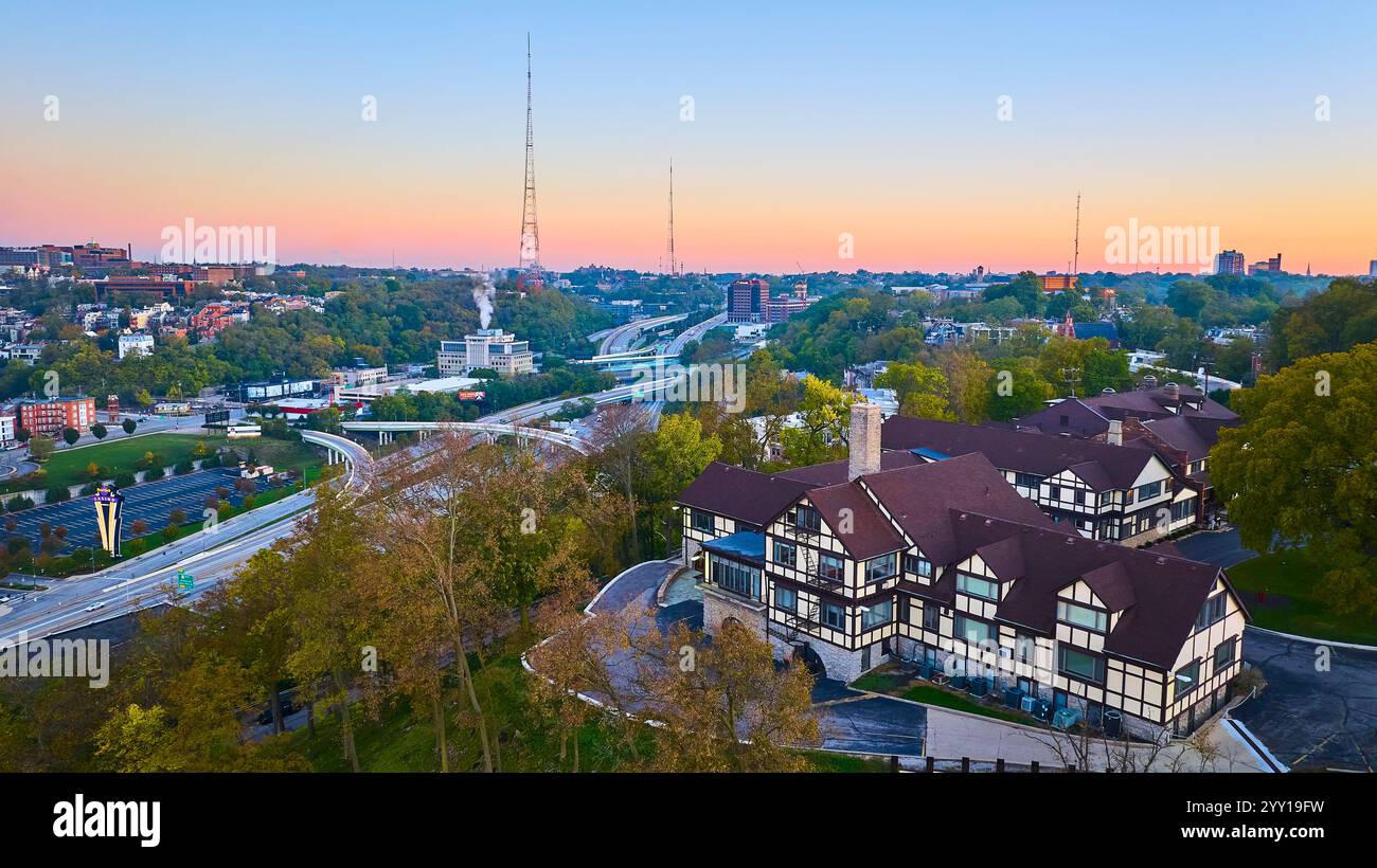 Aerial of Tudor Architecture with Urban Sunset in Cincinnati Stock ...