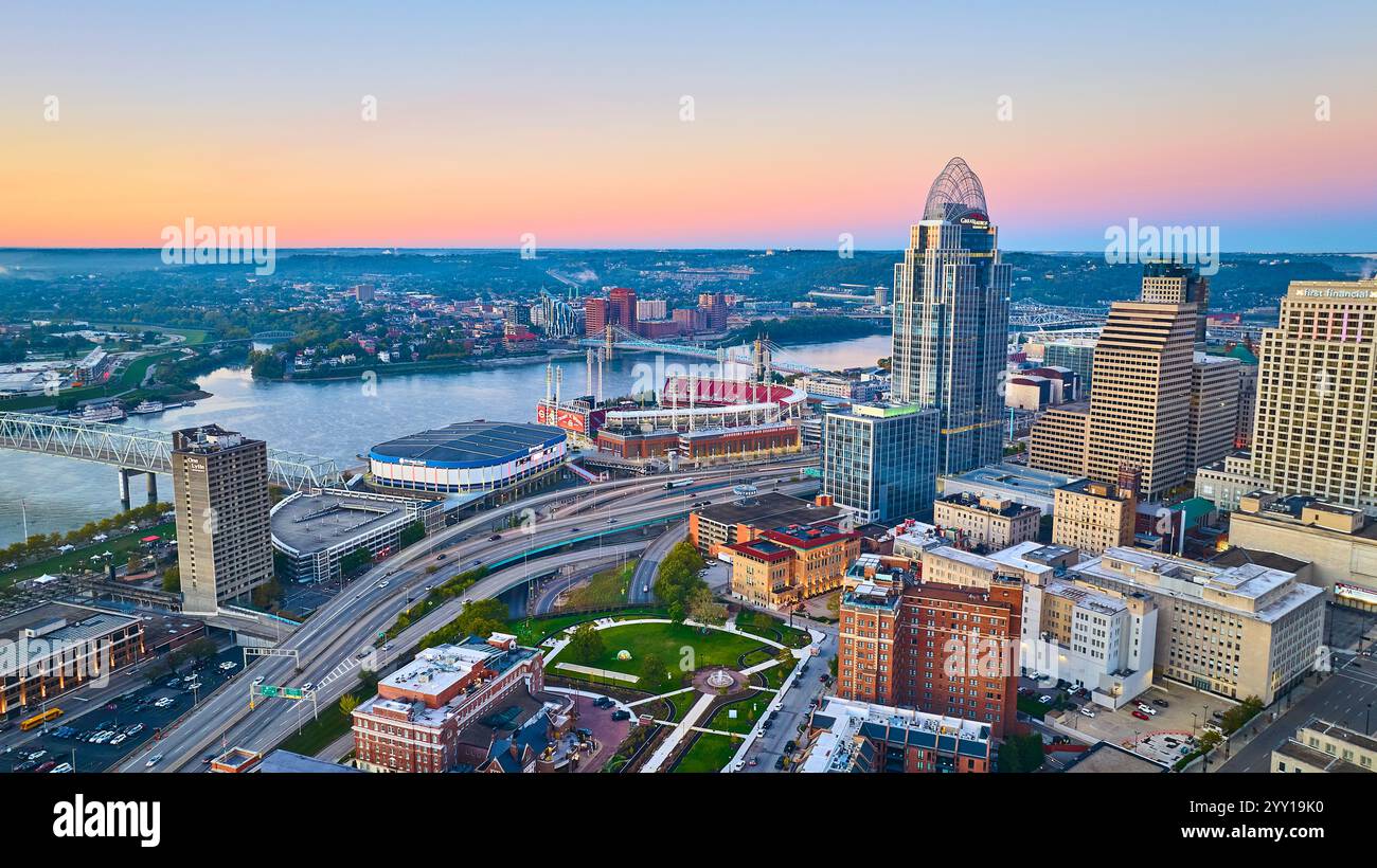 Aerial Cincinnati Skyline at Golden Hour with Ohio River and Highways ...