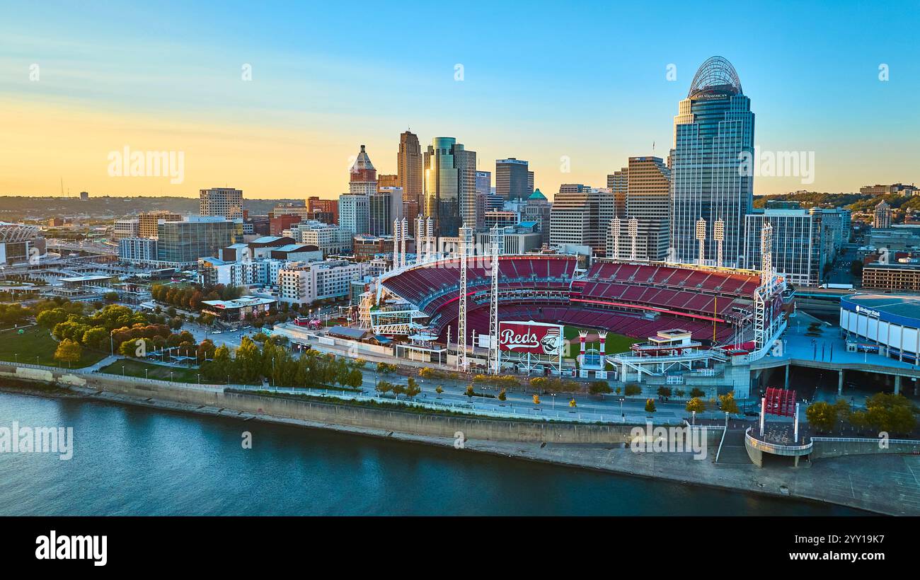 Aerial of Cincinnati Skyline and Great American Ball Park at Golden ...