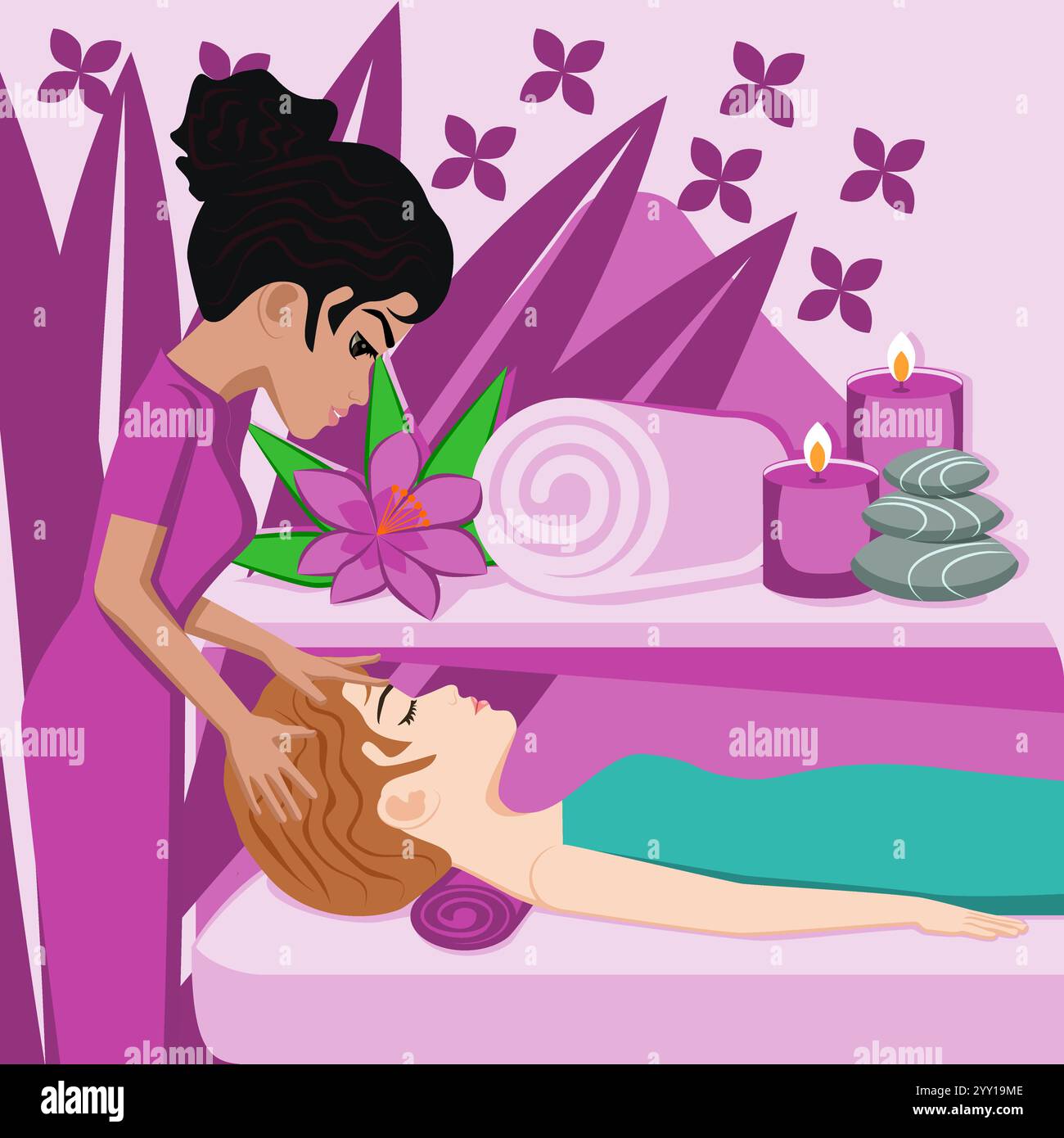 Relaxation massage. Therapy and treatment by professional therapist in SPA. Isolated flat vector ...