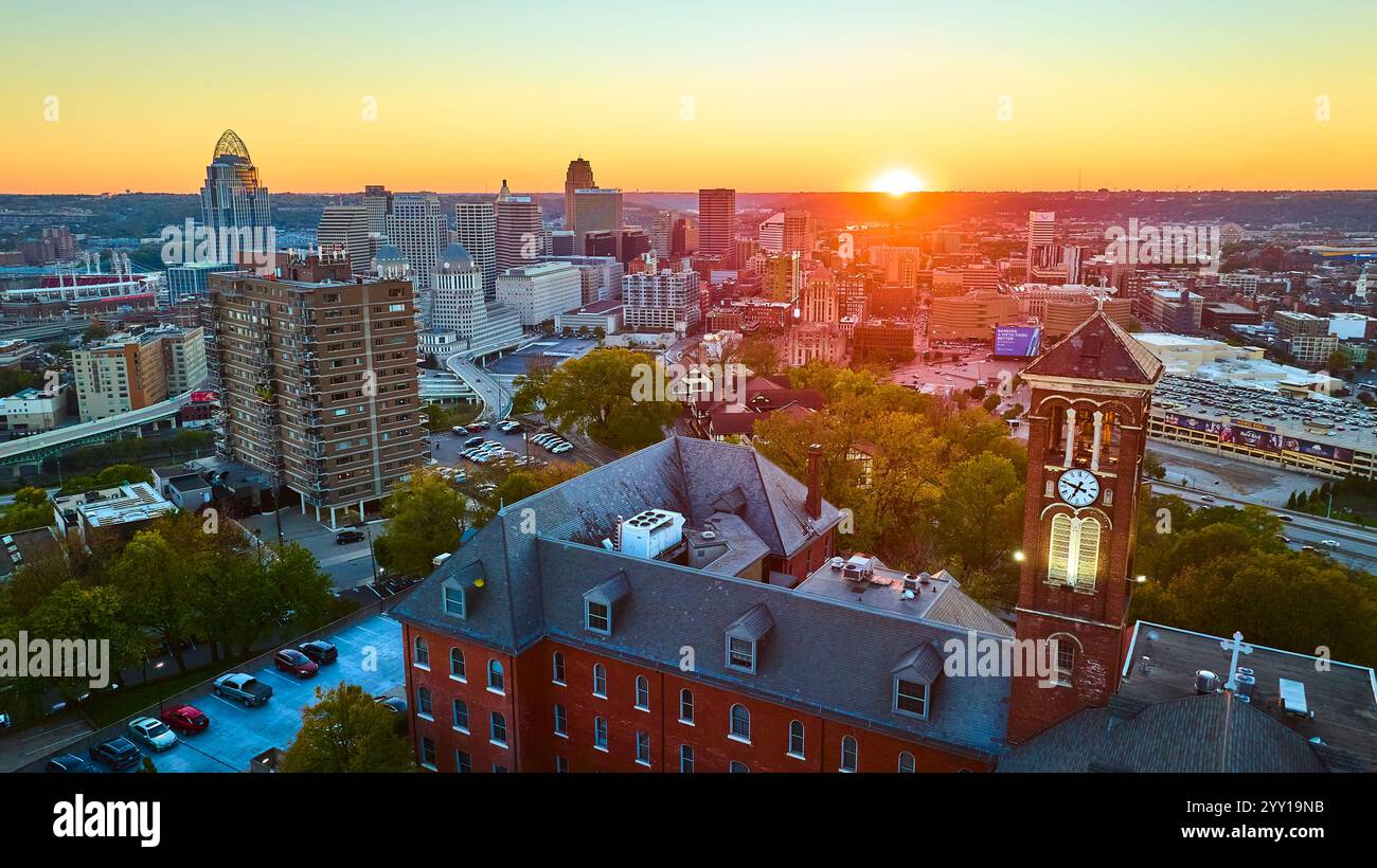 Aerial Cincinnati Skyline at Sunset with Historic Clock Tower Stock ...