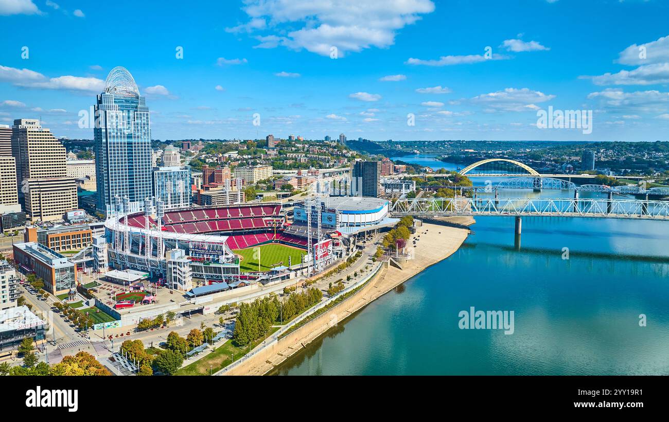 Aerial of Downtown Cincinnati Skyline and Ohio River Bridges Stock ...