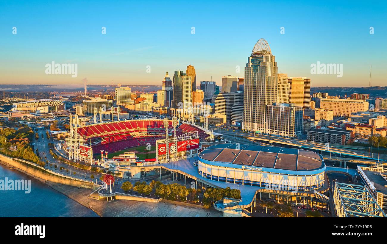 Aerial Cincinnati Skyline Great American Ball Park Golden Hour Stock ...