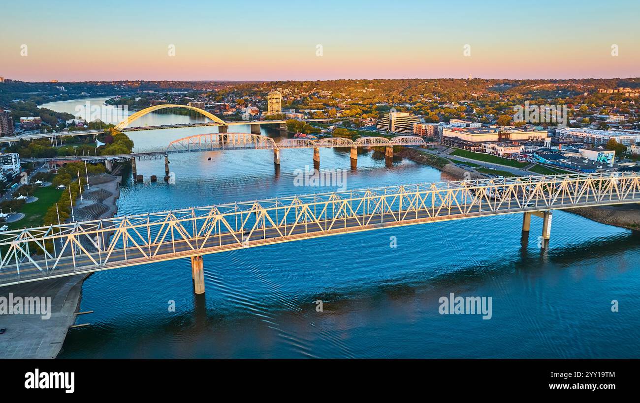 Aerial of Cincinnati Bridges at Golden Hour Over Ohio River Stock Photo ...